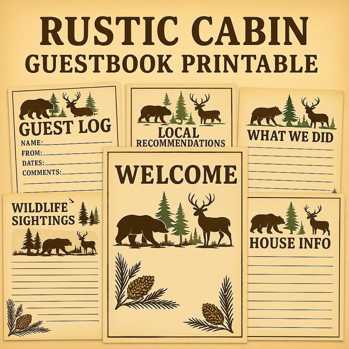 Rustic Cabin Guestbook Printable | Welcome Binder Pages for Airbnb ...