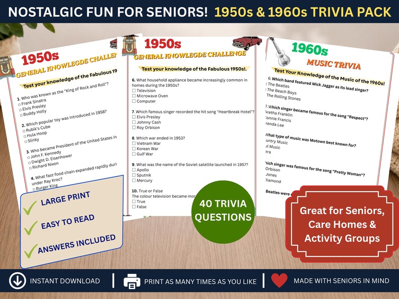 1950s & 1960s Trivia Pack for Seniors | Large Print Senior Activity ...