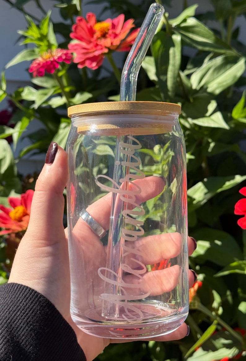 Custom Etched Iced Coffee Glass Can With Bamboo Lid & Straw ...