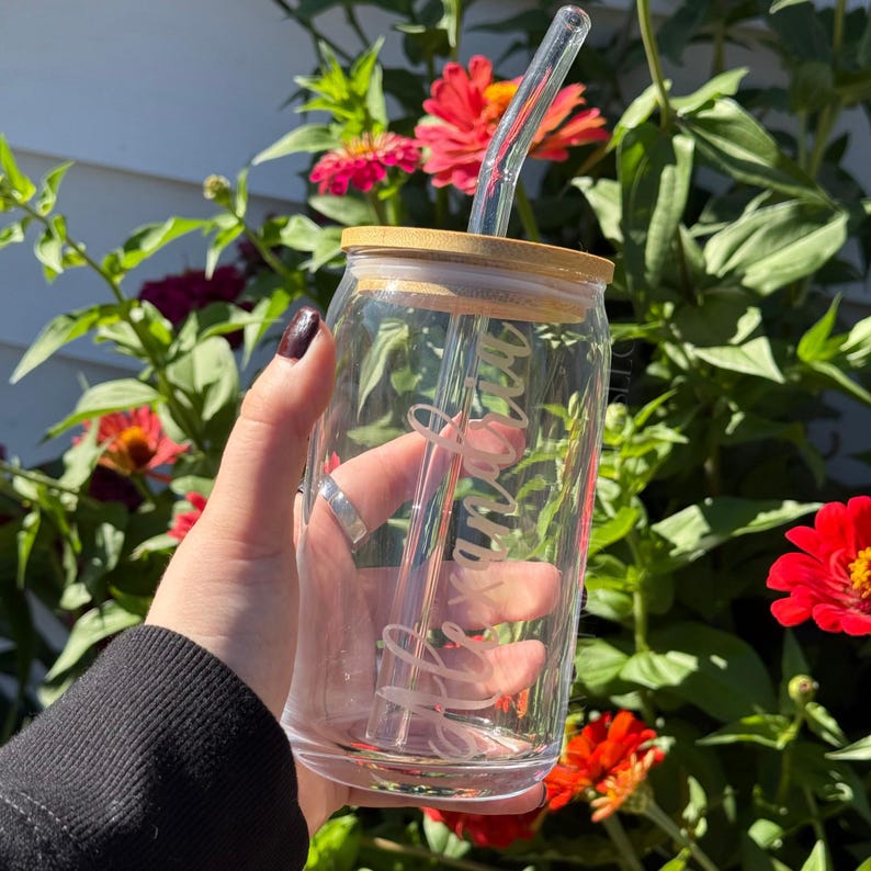 Custom Etched Iced Coffee Glass Can With Bamboo Lid & Straw ...