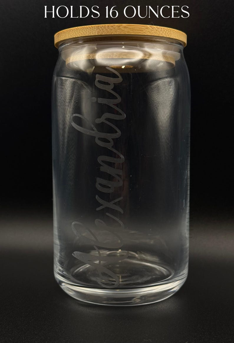 Custom Etched Iced Coffee Glass Can With Bamboo Lid & Straw ...