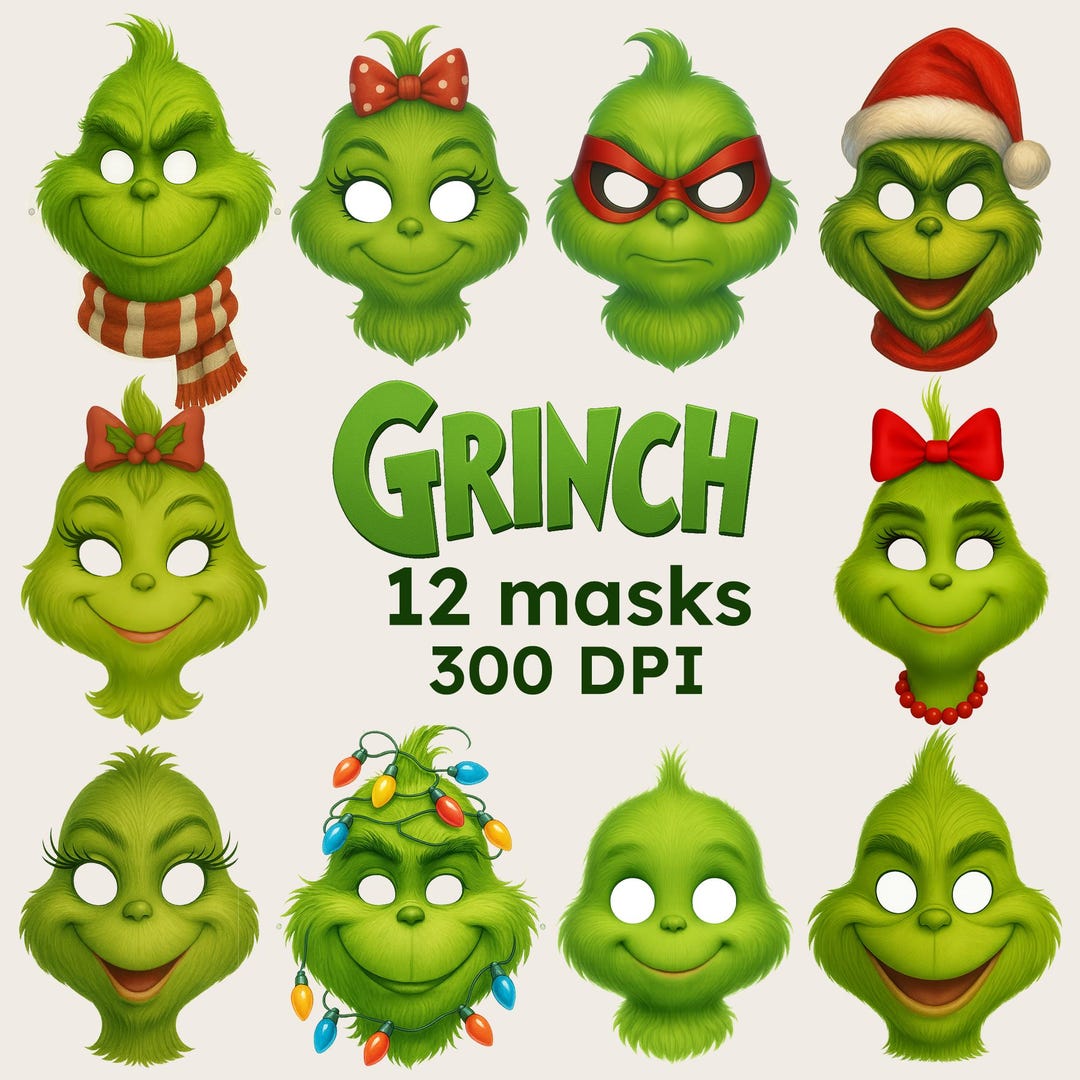 GRINCH Printable Masks – 12 Christmas Masks Kids Party - Etsy