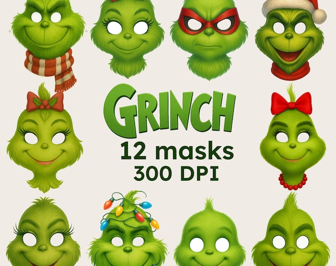 GRINCH Printable Masks – 12 Christmas Masks Kids Party - Etsy