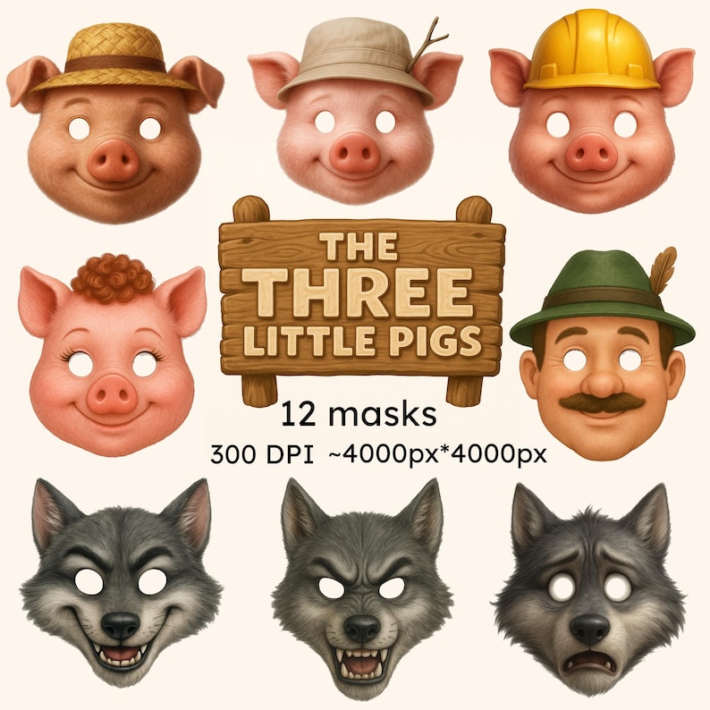 Three Little Pigs & Big Bad Wolf – Printable Masks for Kids - Etsy