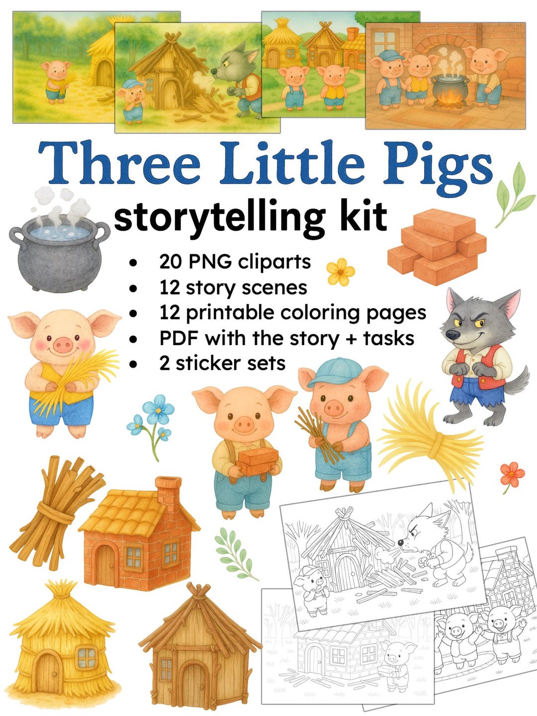 Whimsical Three Little Pigs Storytelling Kit - Cutout Characters ...