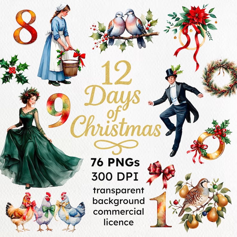 Watercolor 12 Days of Christmas Clipart: Holiday Scrapbook Graphics ...