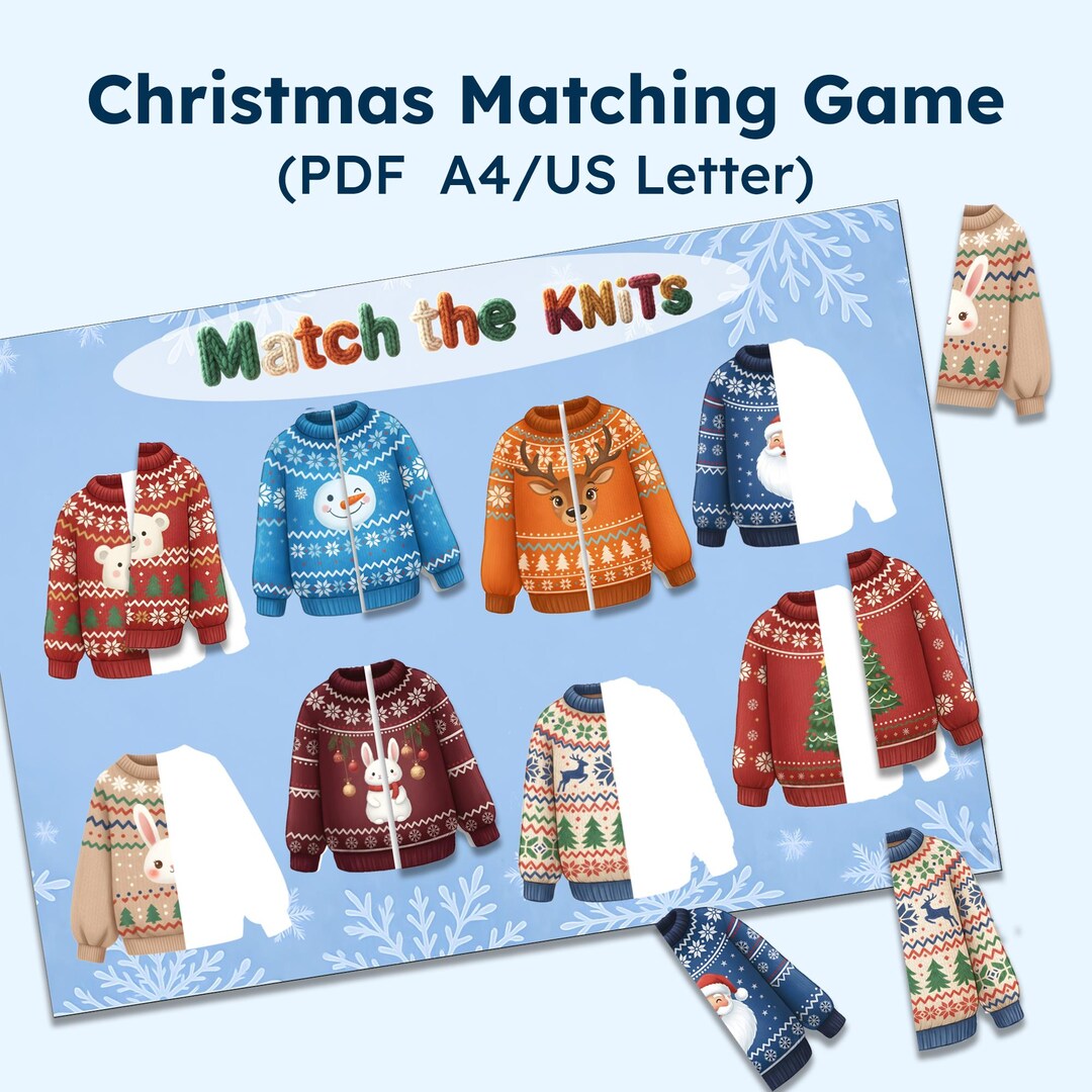 Match the Knits – Christmas Matching Game for Kids, Printable Winter ...