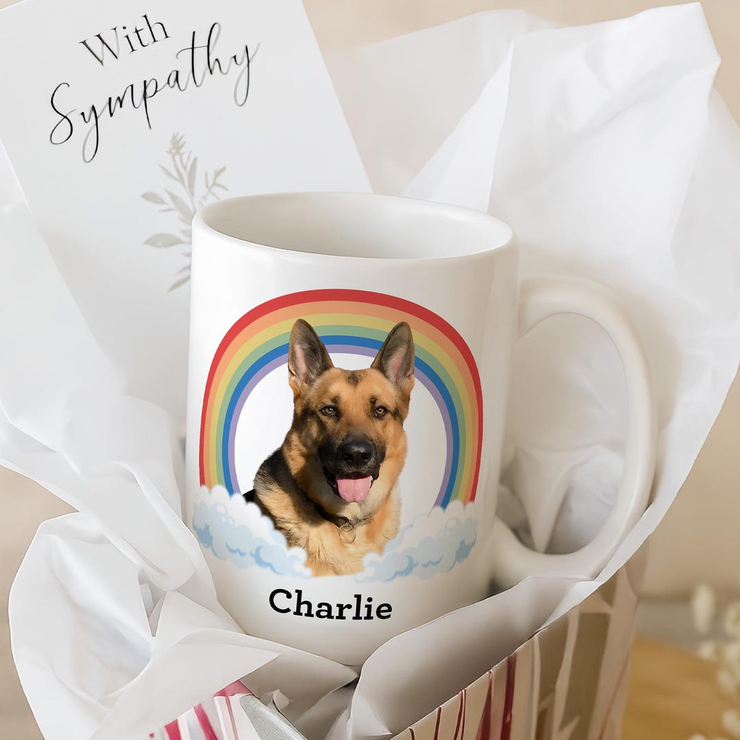 Rainbow Bridge Pet Memorial Mug – Custom Dog or Cat Portrait Coffee Cup ...