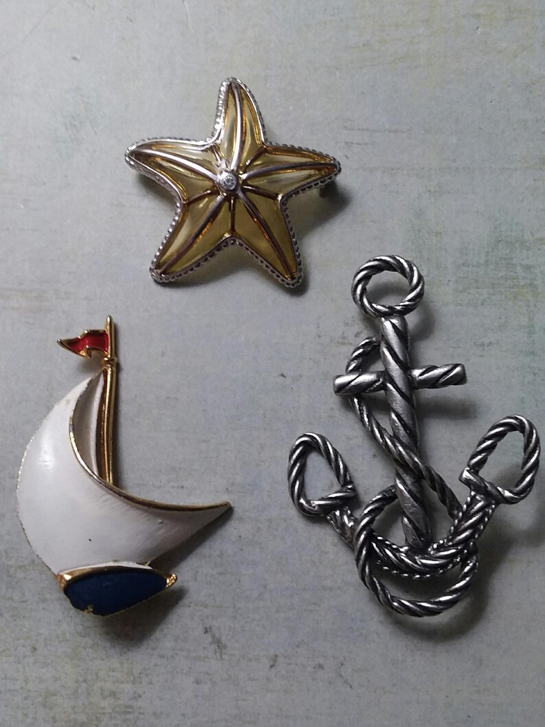 Sailing Ocean Pin Brooches Set of 3 Sailboat and JJ Jonette Anchor and ...