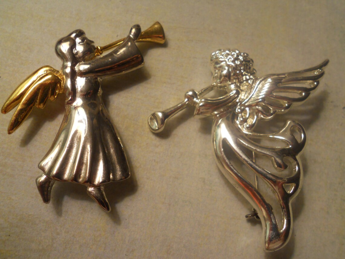 Angel Brooch Pins Two Beautiful Silver Goldtone Brooches for Christmas ...