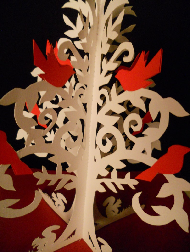 Scherenschnitte Winter White Tree Paper Cutting With Red Birds ...
