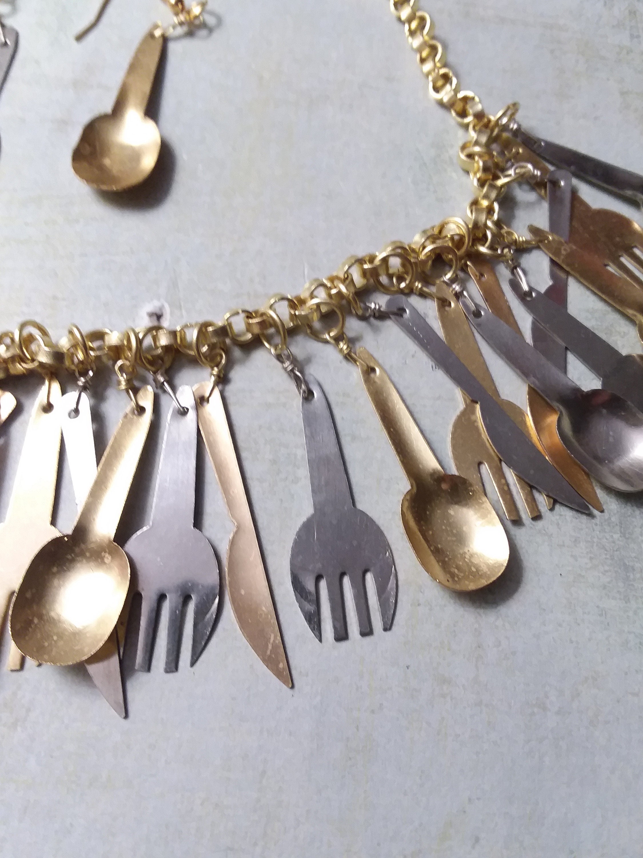 Fork Spoon Knife Charm Necklace and Earrings Amazing Statement Necklace ...