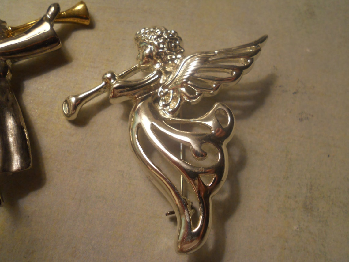 Angel Brooch Pins Two Beautiful Silver Goldtone Brooches for Christmas ...