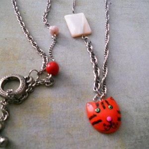 Orange Cat Pendant Charm Necklace With Multi-type Chains and Beads A ...