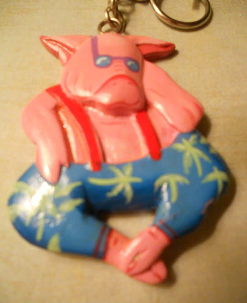 Whimsical Tropical Pink Pig With Palm Trees Pants Keychain - Cute for ...