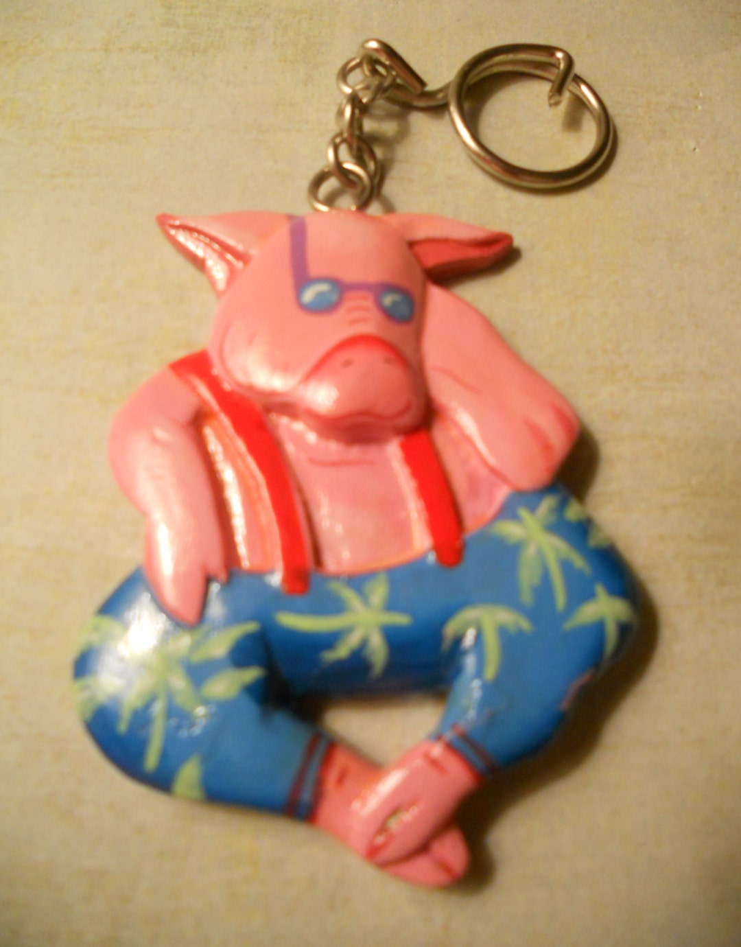Whimsical Tropical Pink Pig With Palm Trees Pants Keychain - Cute for ...