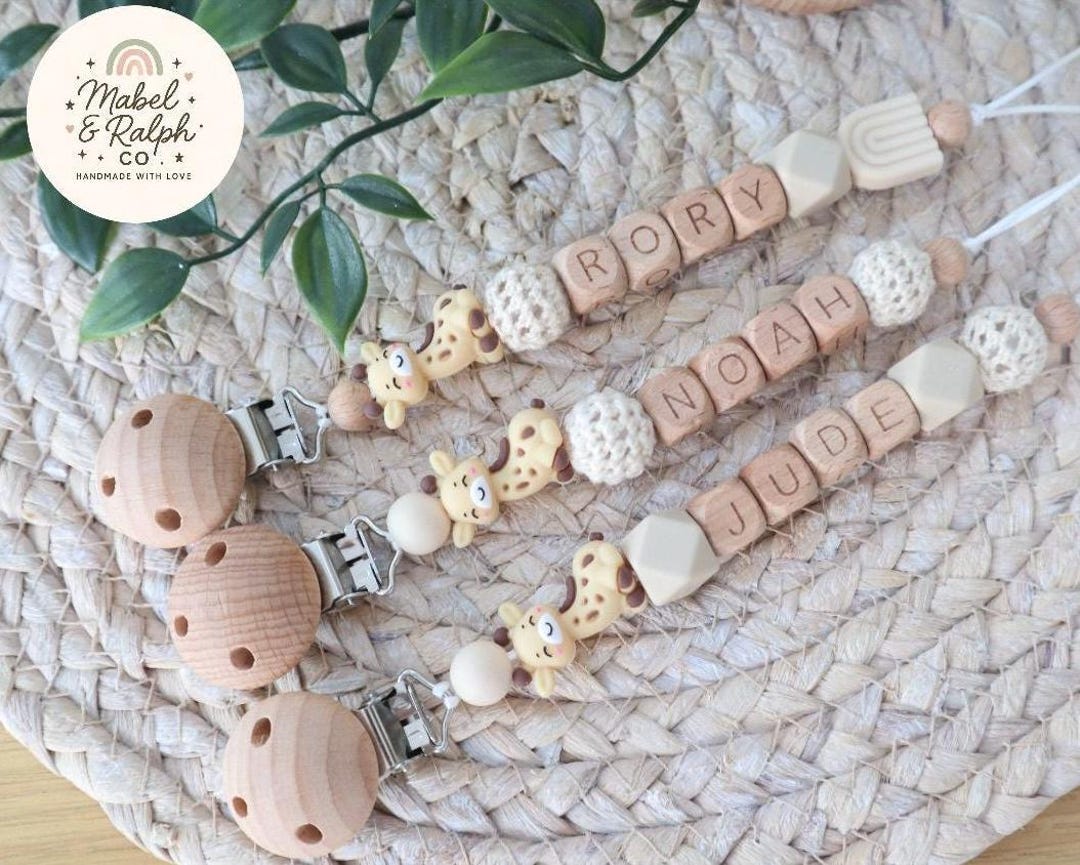Personalised Wooden Dummy Clip With Giraffe | Neutral Baby Pacifier ...