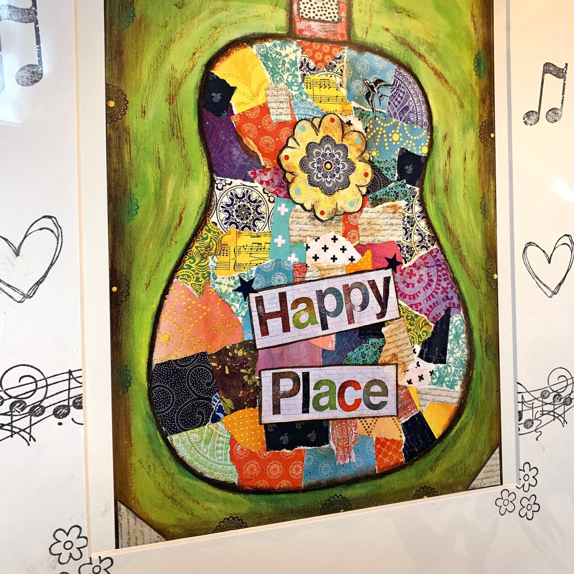 HAPPY PLACE art print matted print guitar patchwork | Etsy