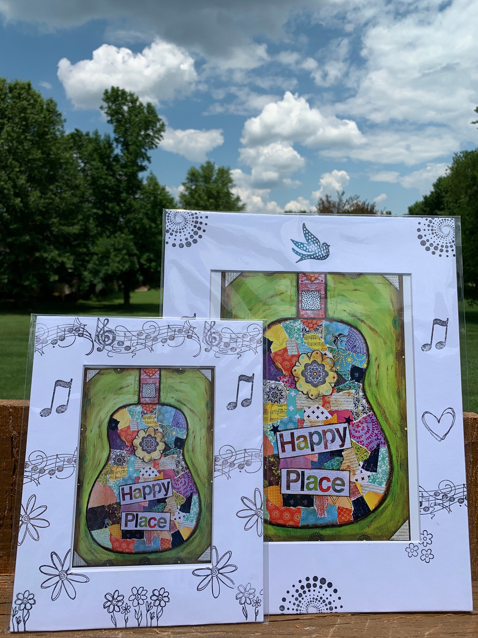 HAPPY PLACE, Art Print, Matted Print, Guitar, Patchwork, Music Print ...