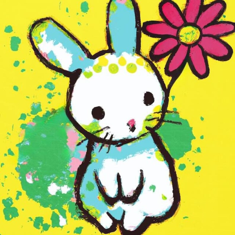 Cute White Bunny Art Print Kids Room Fun Art Print Hand Signed Kids Art ...