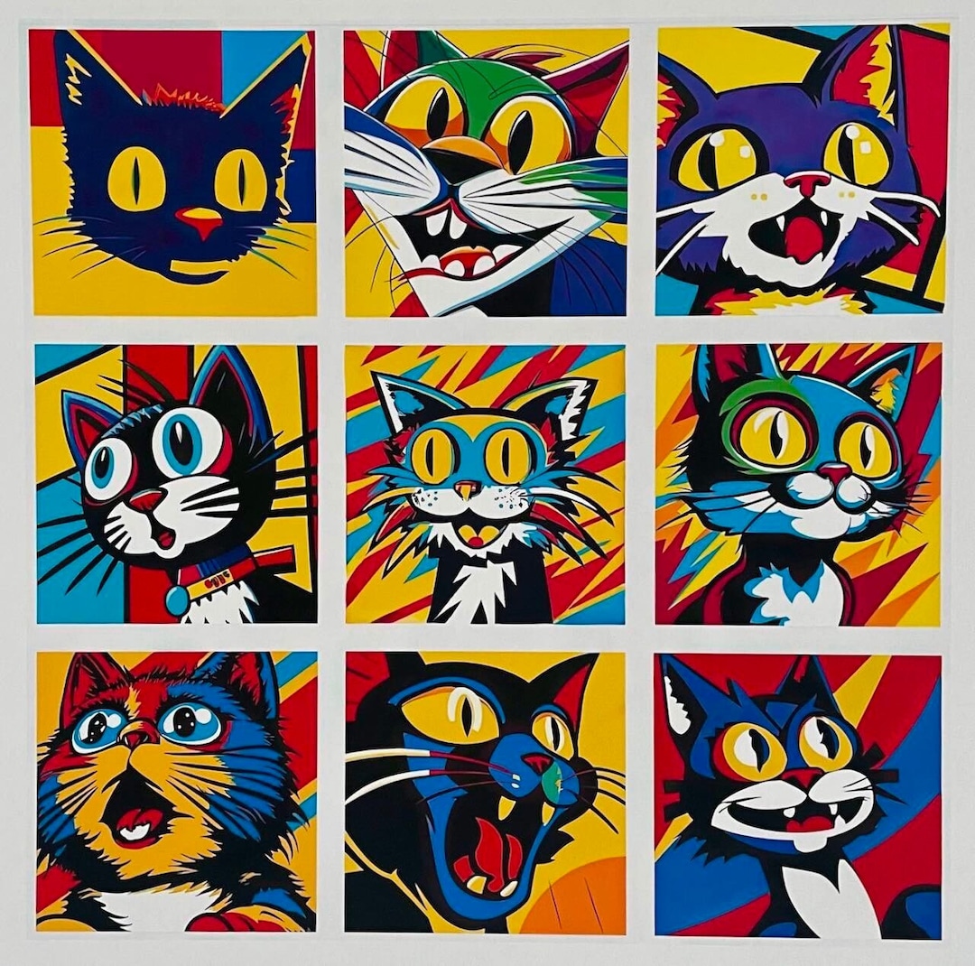 Cartoon Cats Pop Art Nine Lives Digital Art Print Colorful Anime Cat ...