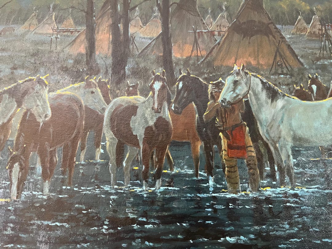 Ron Stewart Oil Painting: Twilight Horses, Native American Scene ...
