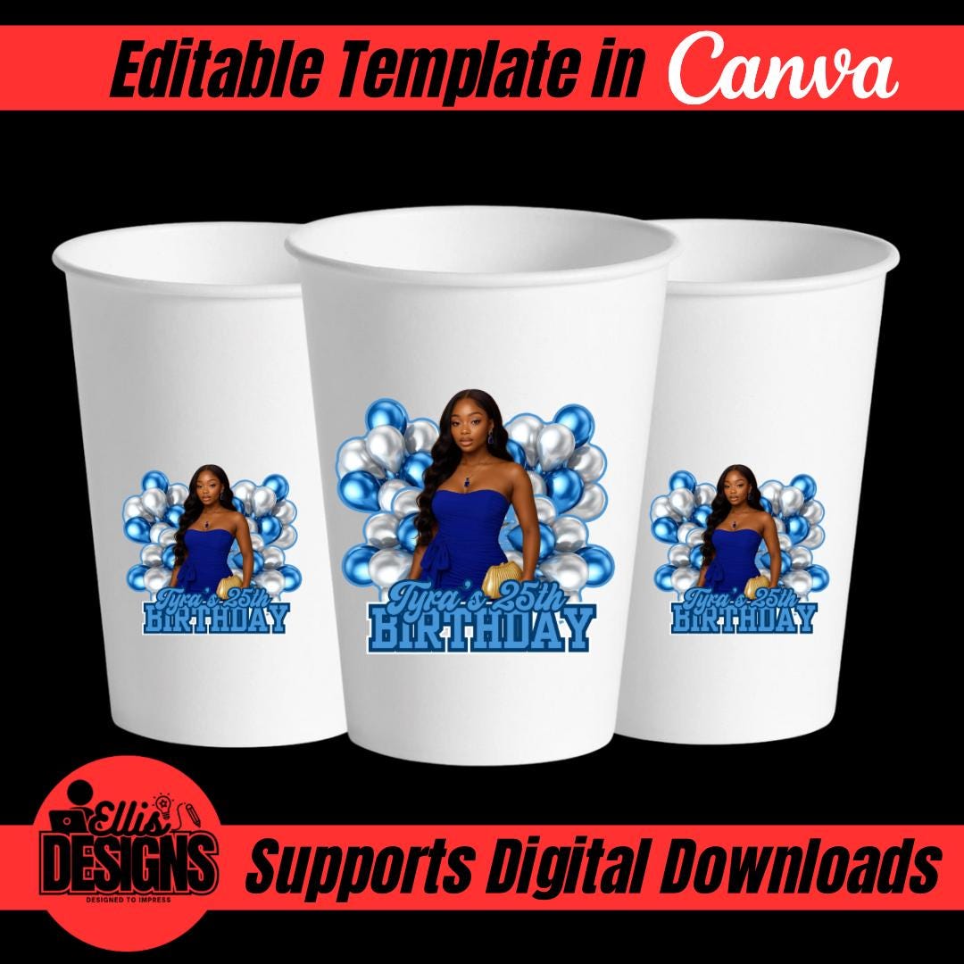 Blue Birthday Cup Label Template: Editable Party Decor (canva Digital ...