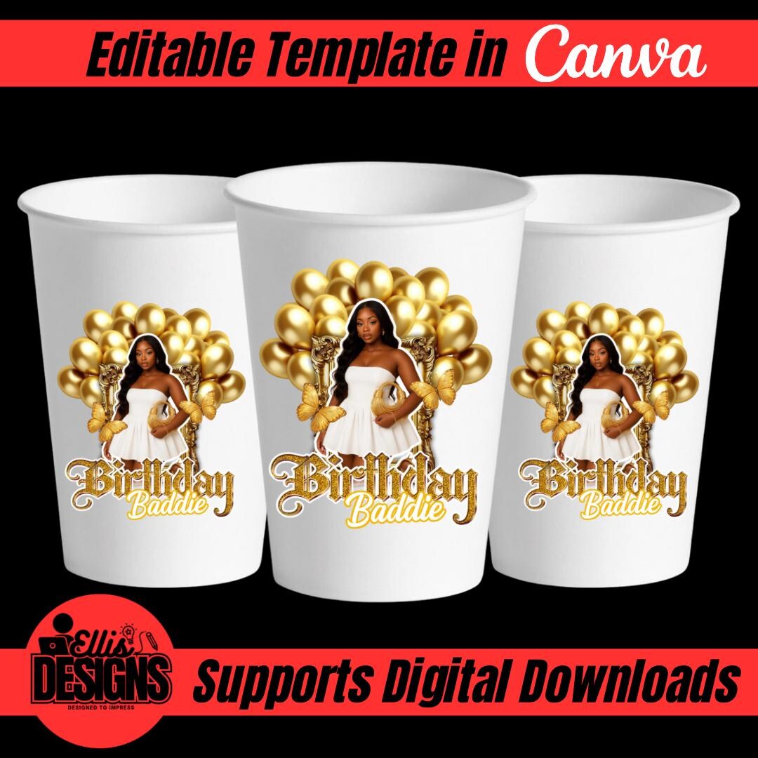 Gold Birthday Cup Label Template: Editable Party Decor (digital ...