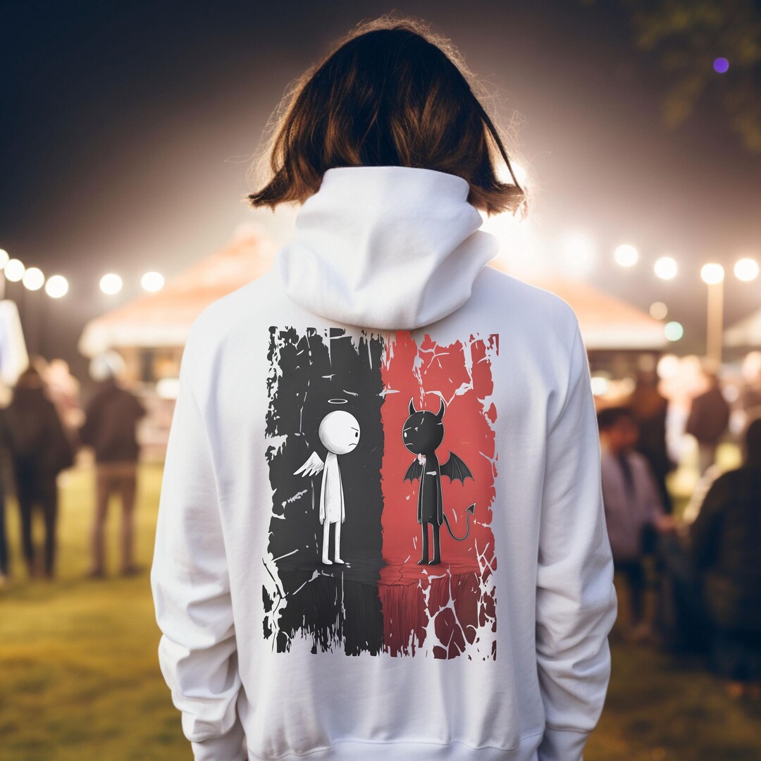 Dichotomy Angel & Devil Cartoon Graphic Hoodie, Good Vs Evil Duality ...