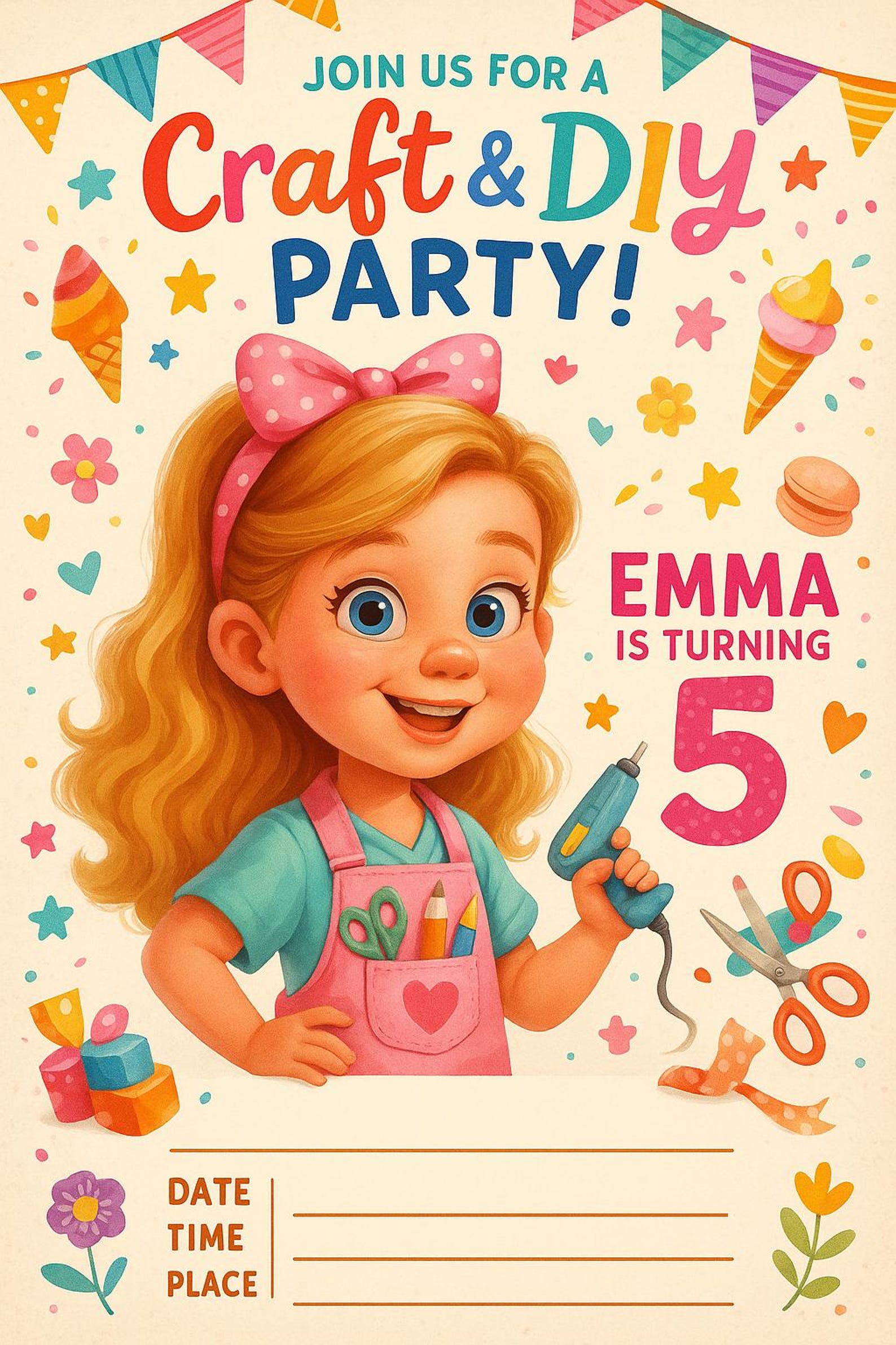 Craft Birthday Invitation Girl Caricature | DIY Party Kids Invite ...