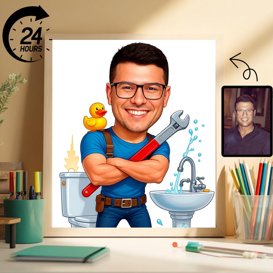 Custom Plumber Caricature Portrait – Personalized Cartoon Drawing From ...