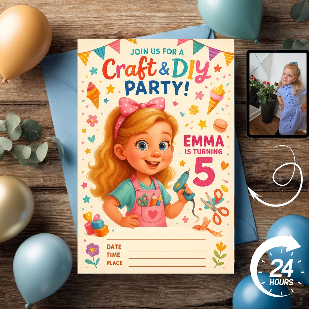 Craft Birthday Invitation Girl Caricature | DIY Party Kids Invite ...