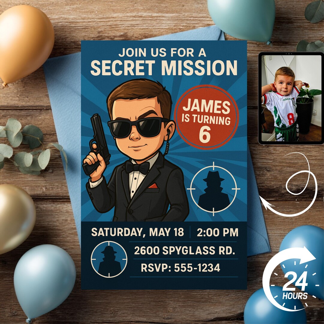 Spy Birthday Invitation | Secret Agent Party Invite | Custom Caricature ...