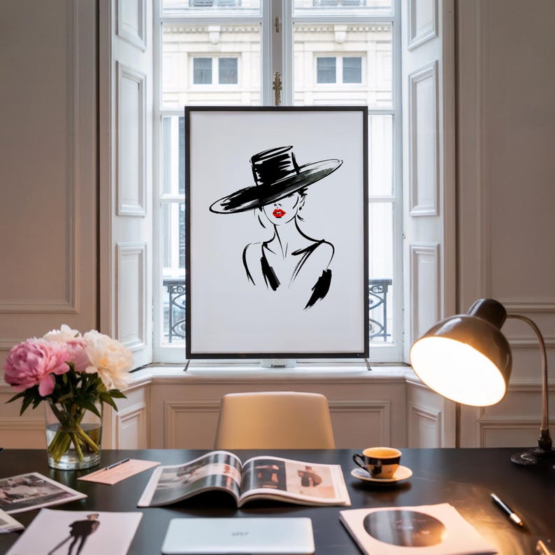 Illustrazione di moda di una donna con cappello: labbra rosse, elegante ...