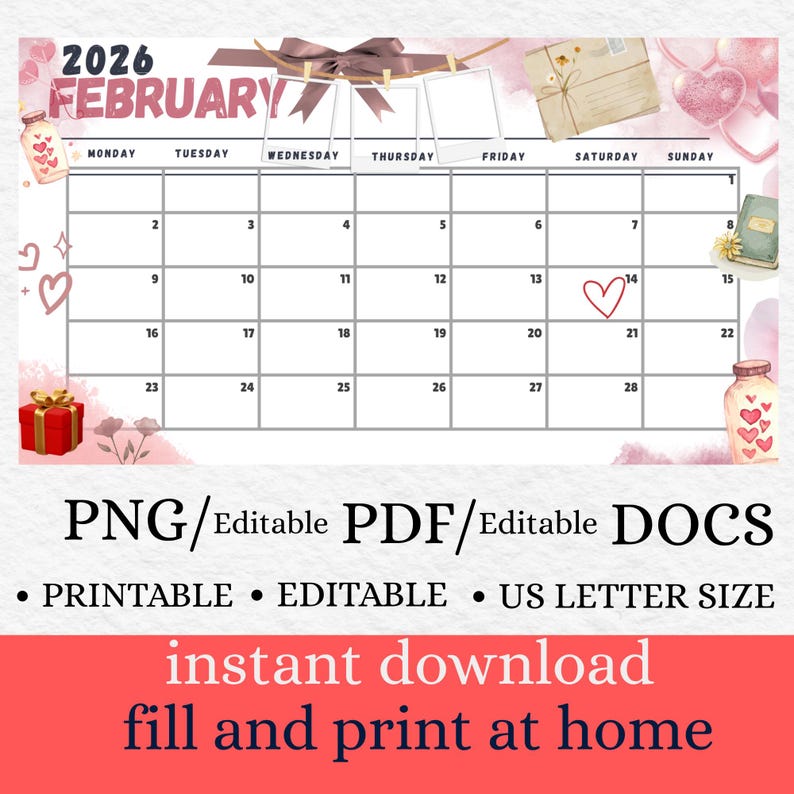 February 2026 Calender, Valentine’s Day Printable Monthly Planner - Etsy