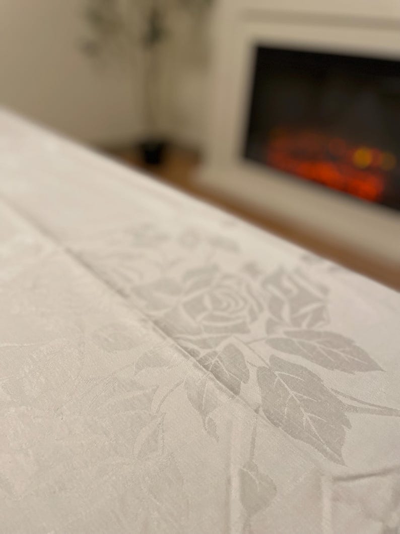 1920's White Linen Double Damask Rose Tablecloth, Formal Table Setting ...