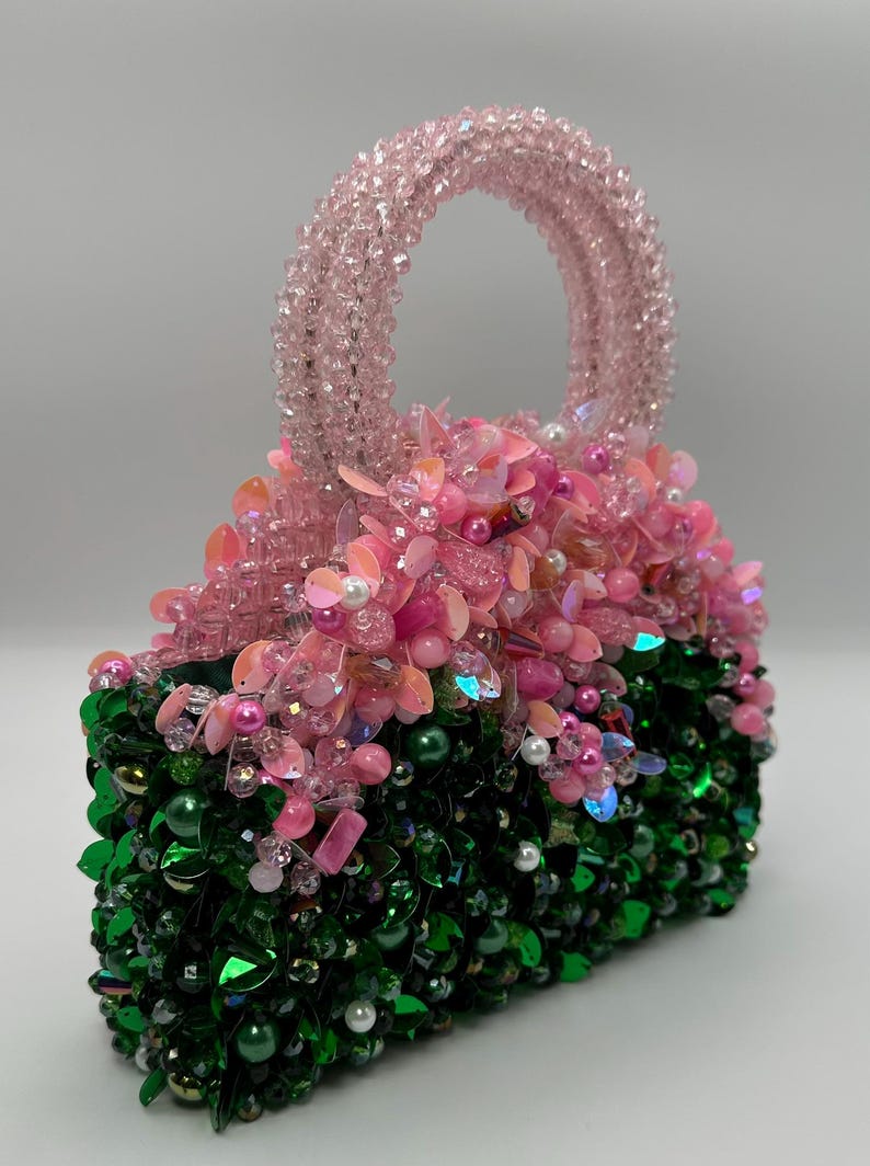 The Stunner's Secret Pink & Green Floral Crystal Beaded Handbag ...