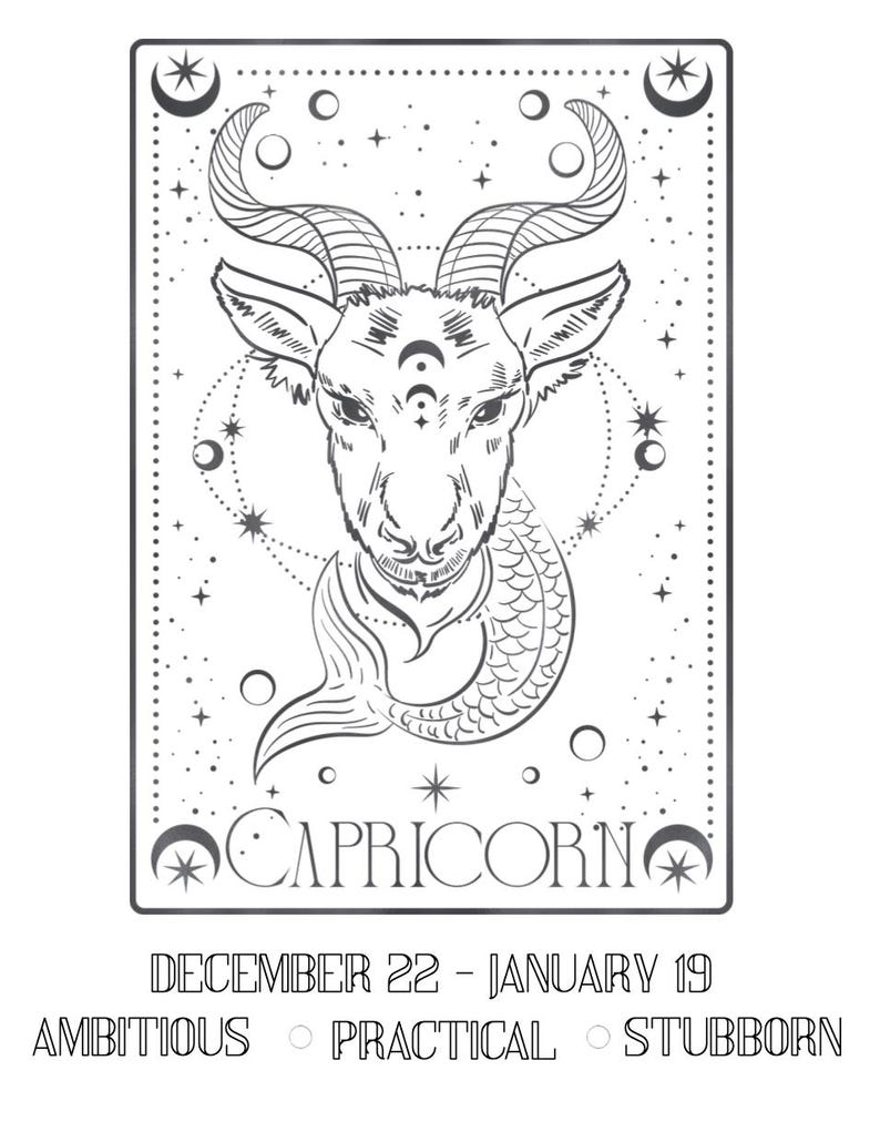 Printable Capricorn Zodiac Coloring Page – Earth Sign Astrology Art ...