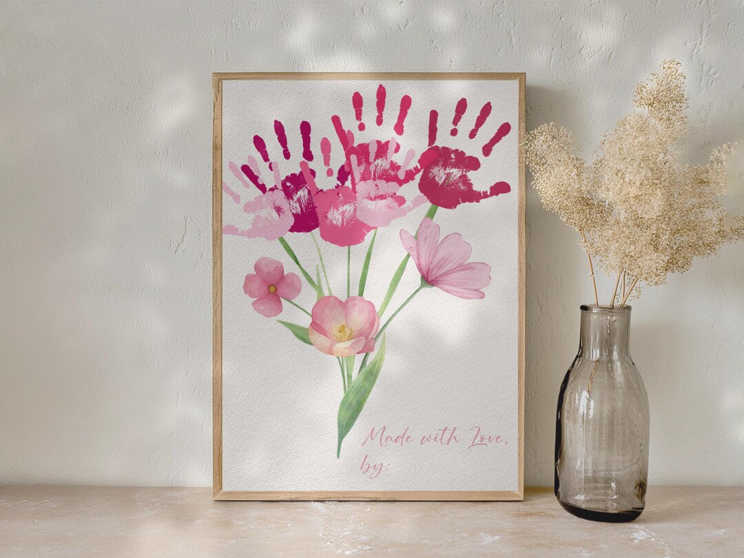 Custom Art Print Handprint Floral Bouquet Keepsake Mom Mother ...