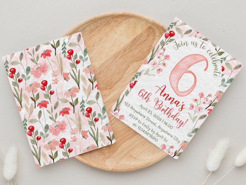 6th Kids Birthday Floral Watercolor Celebration Invite 5x7 Editable ...