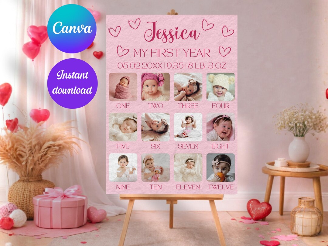 My First Year Milestone Board Sign Pink Coquette Hearts Digital Canva ...