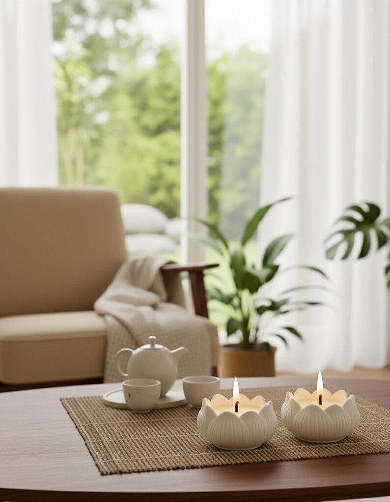 Lotus Flower Ceramic Scentless Candle Set (2 Pcs) | Handmade White ...