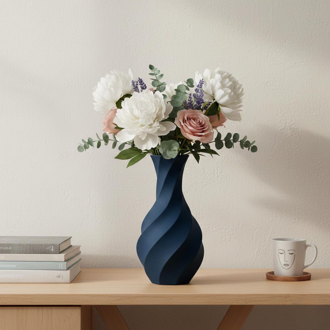 Modern Wavy Ceramic Vase | Handmade Art Decor | Minimalist Dark Blue ...
