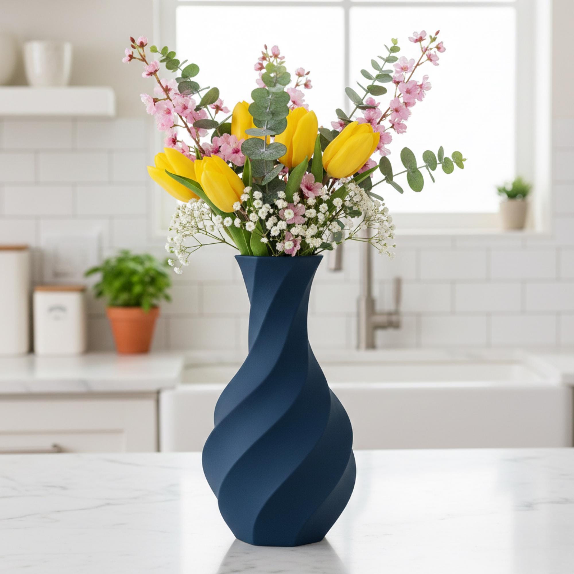 Modern Wavy Ceramic Vase | Handmade Art Decor | Minimalist Dark Blue ...