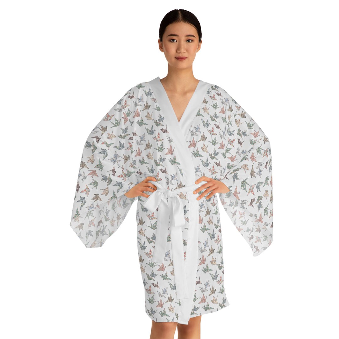 Origami Crane Kimono Robe: Floral Flight, Pastel Loungewear - Etsy