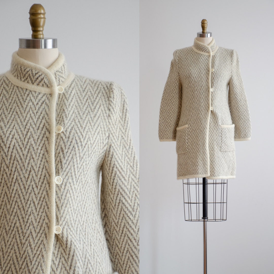 Knit Wool Jacket 70s 80s Vintage Herringbone Cream Wool Coat - Etsy