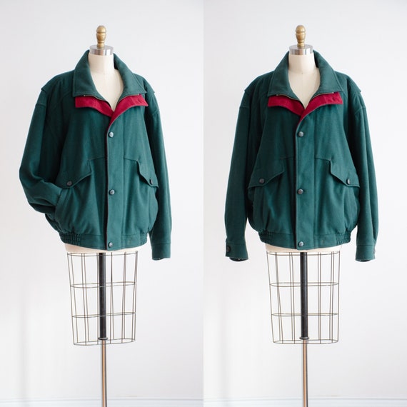 green wool jacket 90s vintage dark forest green men's… - Gem