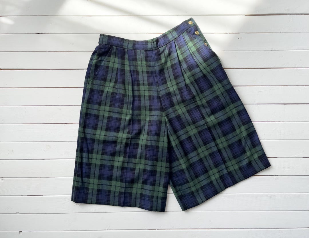 High Waisted Shorts 80s Vintage Green Navy Blue Plaid Wool Shorts - Etsy