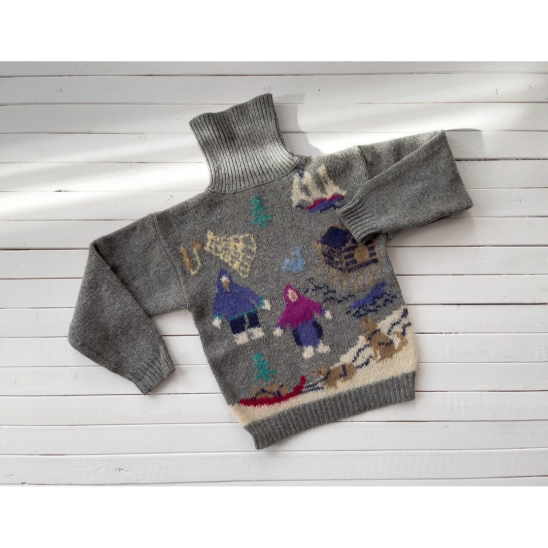 SKYR Vtg Eskimo Indigenous People Dog Sled Gray Wool Mohair Turtleneck ...