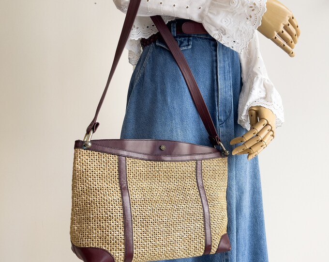 John Romain Handbag 70s Vintage Woven Straw Oxblood Cordovan Leather ...